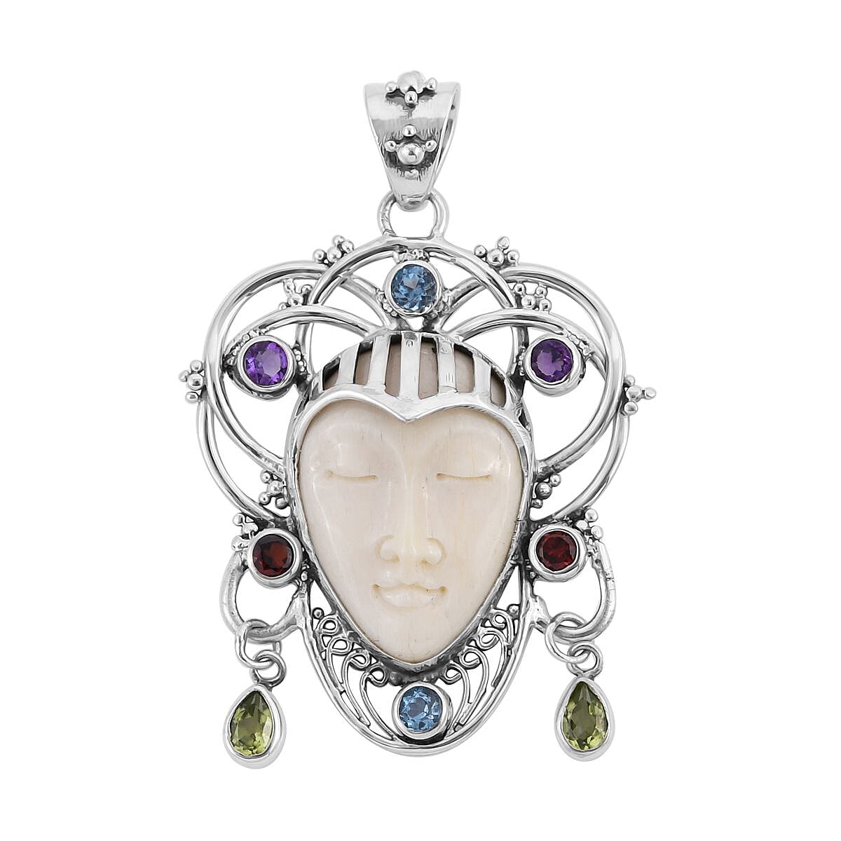 Buy Bali Goddess Carved Bone and Multi Gemstone Pendant in Sterling ...