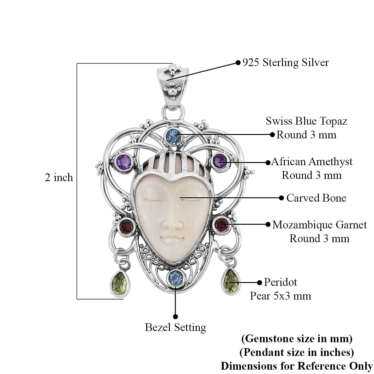 Buy Bali Goddess Carved Bone and Multi Gemstone Pendant in Sterling ...