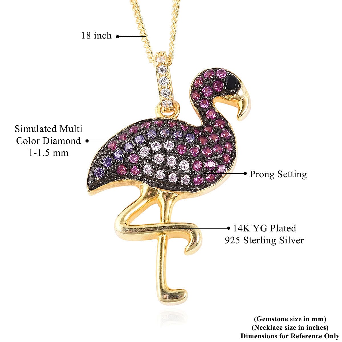 Buy Simulated Multi Color Diamond Flamingo Pendant Necklace 18 Inch in ...