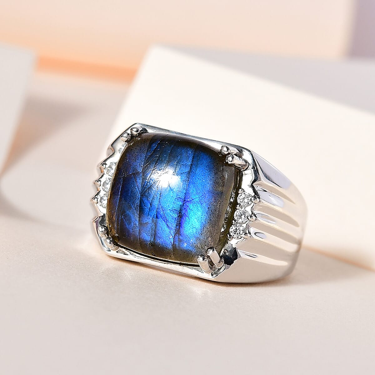 Buy Malagasy Labradorite and White Zircon Men's Ring in Platinum Over ...