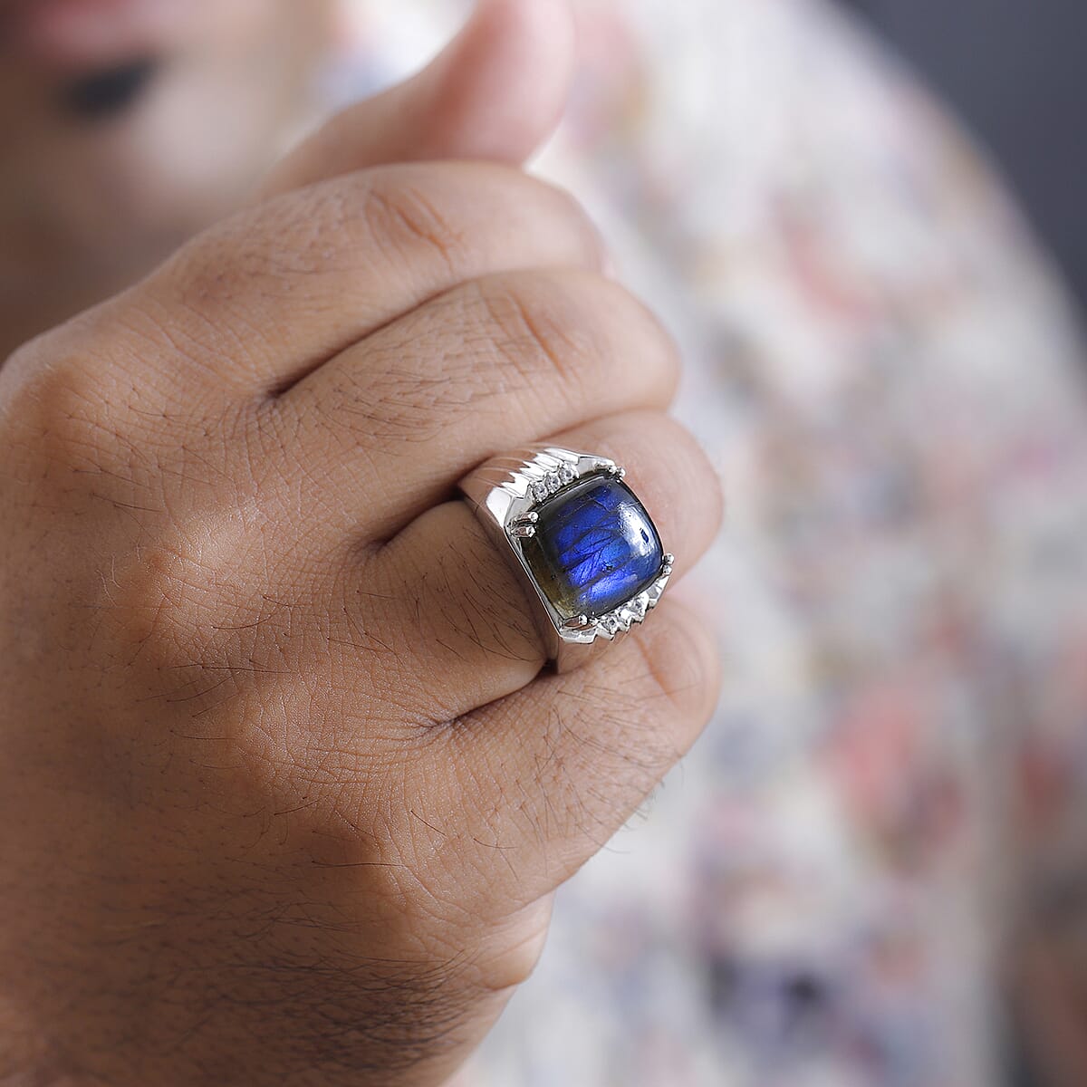 Buy Malagasy Labradorite and White Zircon Men's Ring in Platinum Over ...