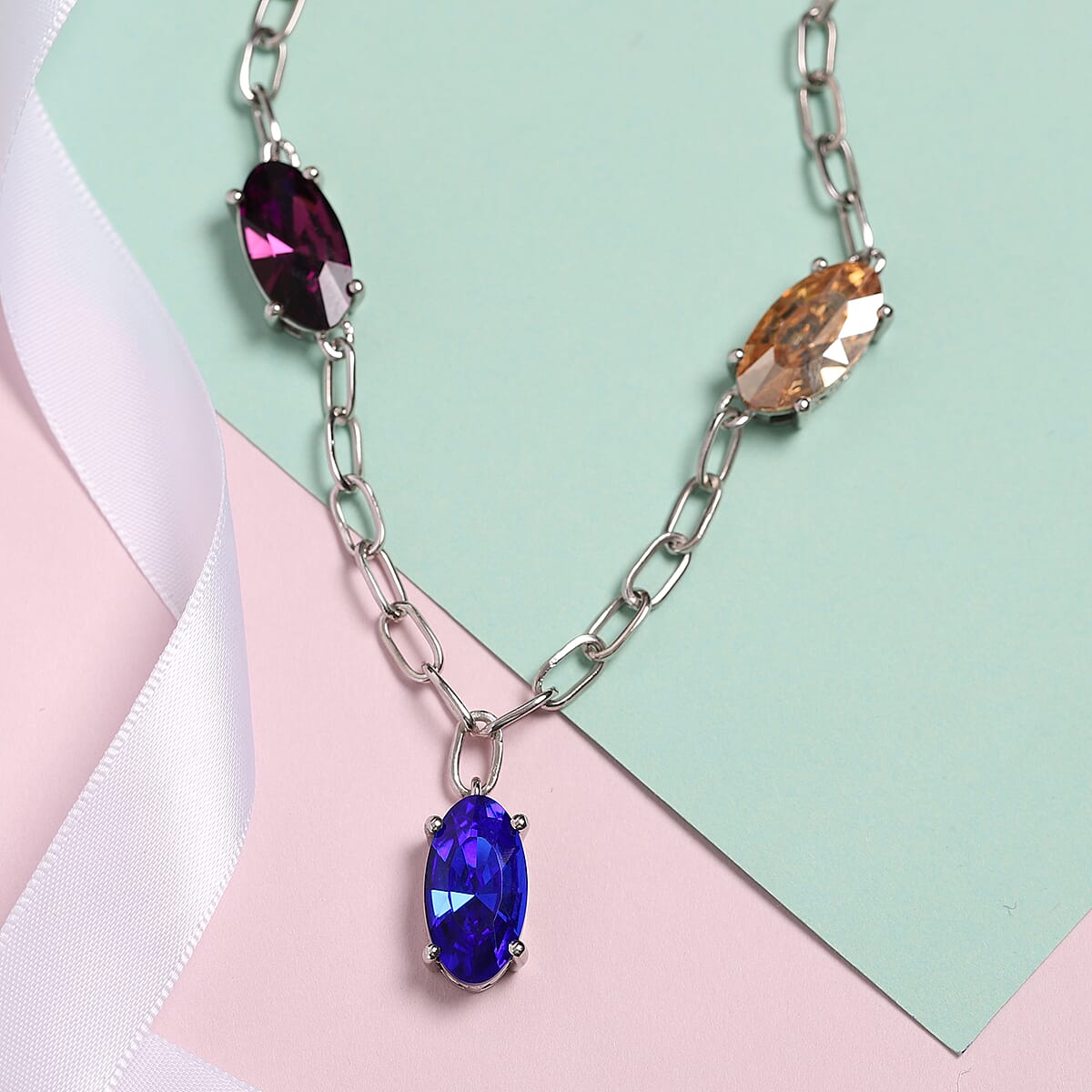 Buy Designer Inspired Majestic Blue Crystal Station Necklace 18 Inches ...