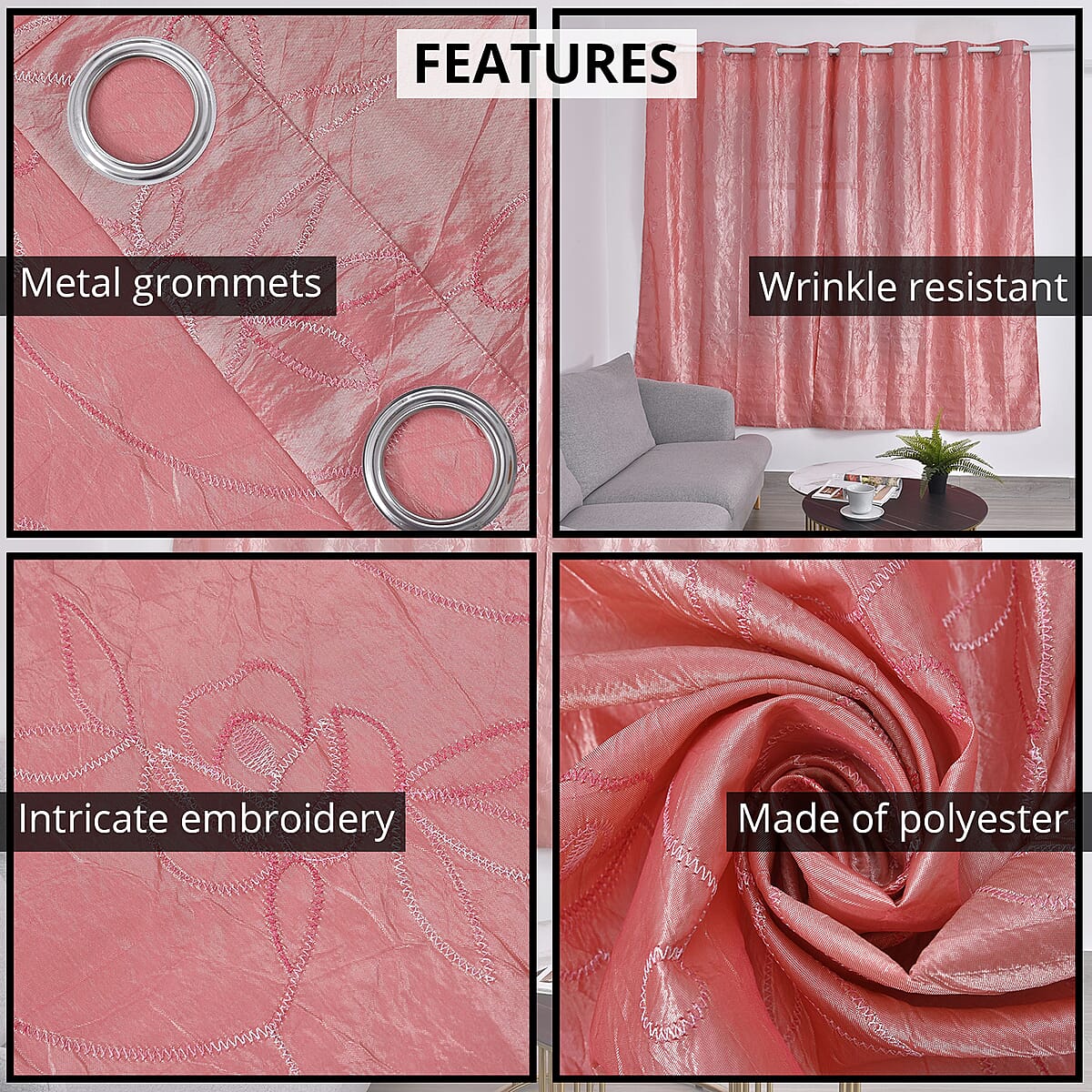 Buy Set Of 2 Pink Embroidered Polyester Curtains With 8 Metal Grommets