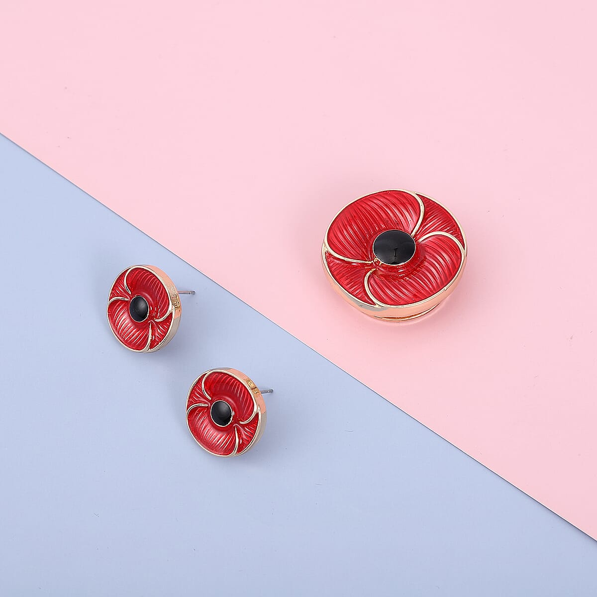 Buy Black and Red Enameled Poppy Floral Brooch and Stud Earrings in ...
