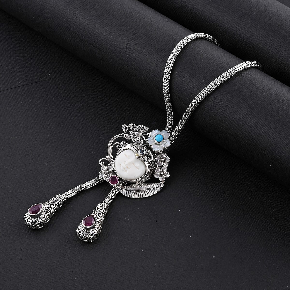 Buy Bali Goddess Carved Bone and Multi Gemstone Pendant Necklace 20 ...