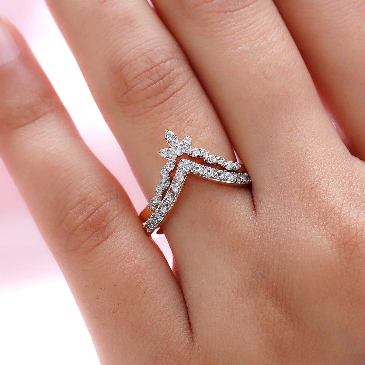 Buy Natural White Zircon Stackable Chevron Ring in Vermeil Yellow Gold ...