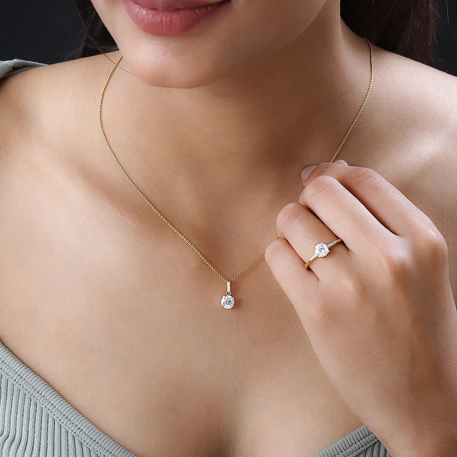 Shop LC 100 Facets Moissanite 1.65 CTW Solitaire Ring and Pendant Set in Vermeil Yellow Gold Over Sterling Silver Moissanite Solitaire Ring Jewelry Set for
