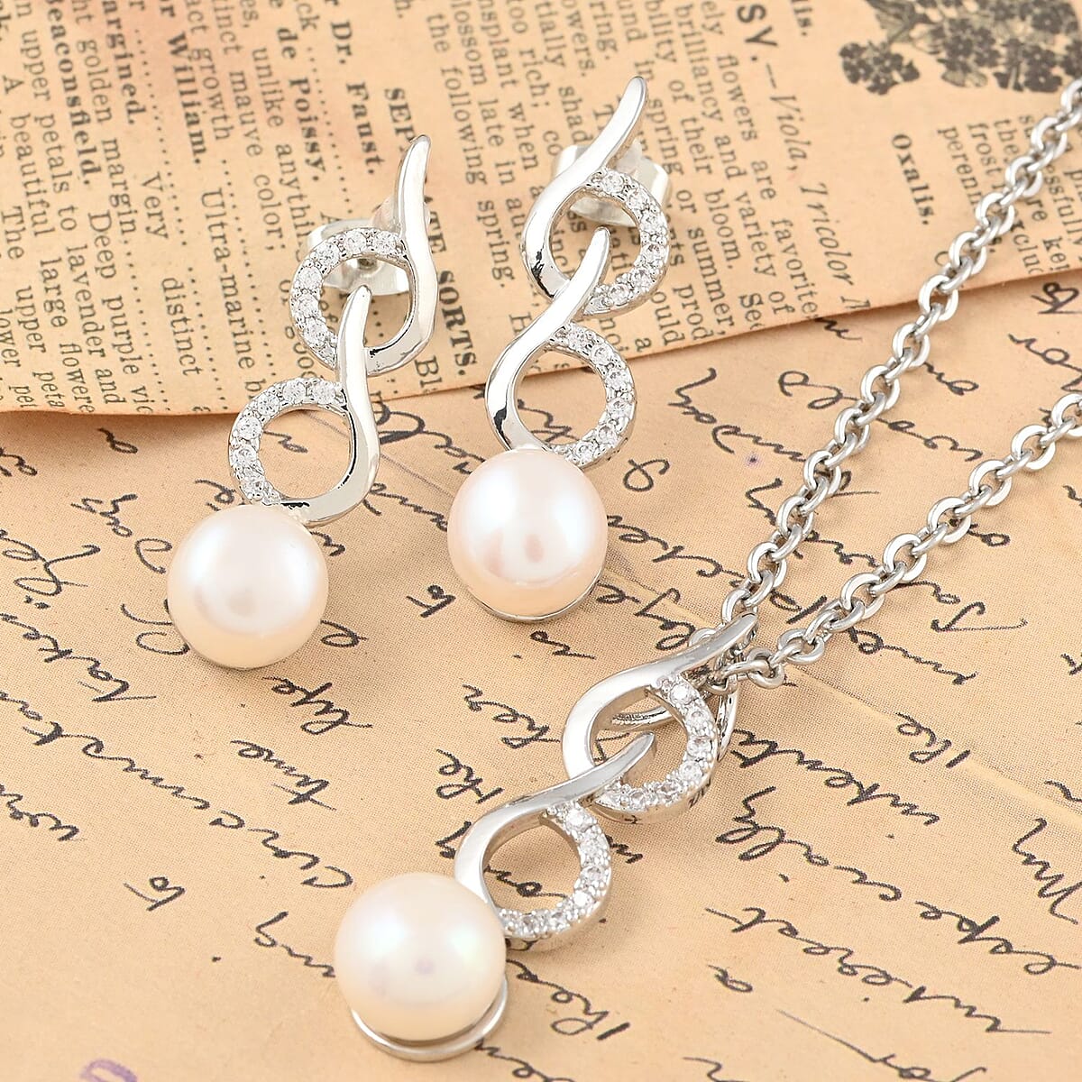 Buy White Freshwater Pearl Drop Earrings and Pendant in Silvertone with ...
