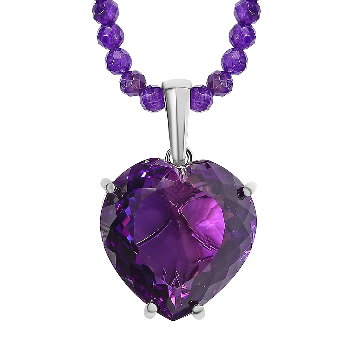 Buy Amethyst Heart Pendant with Beaded Necklace 20 Inches in Platinum ...