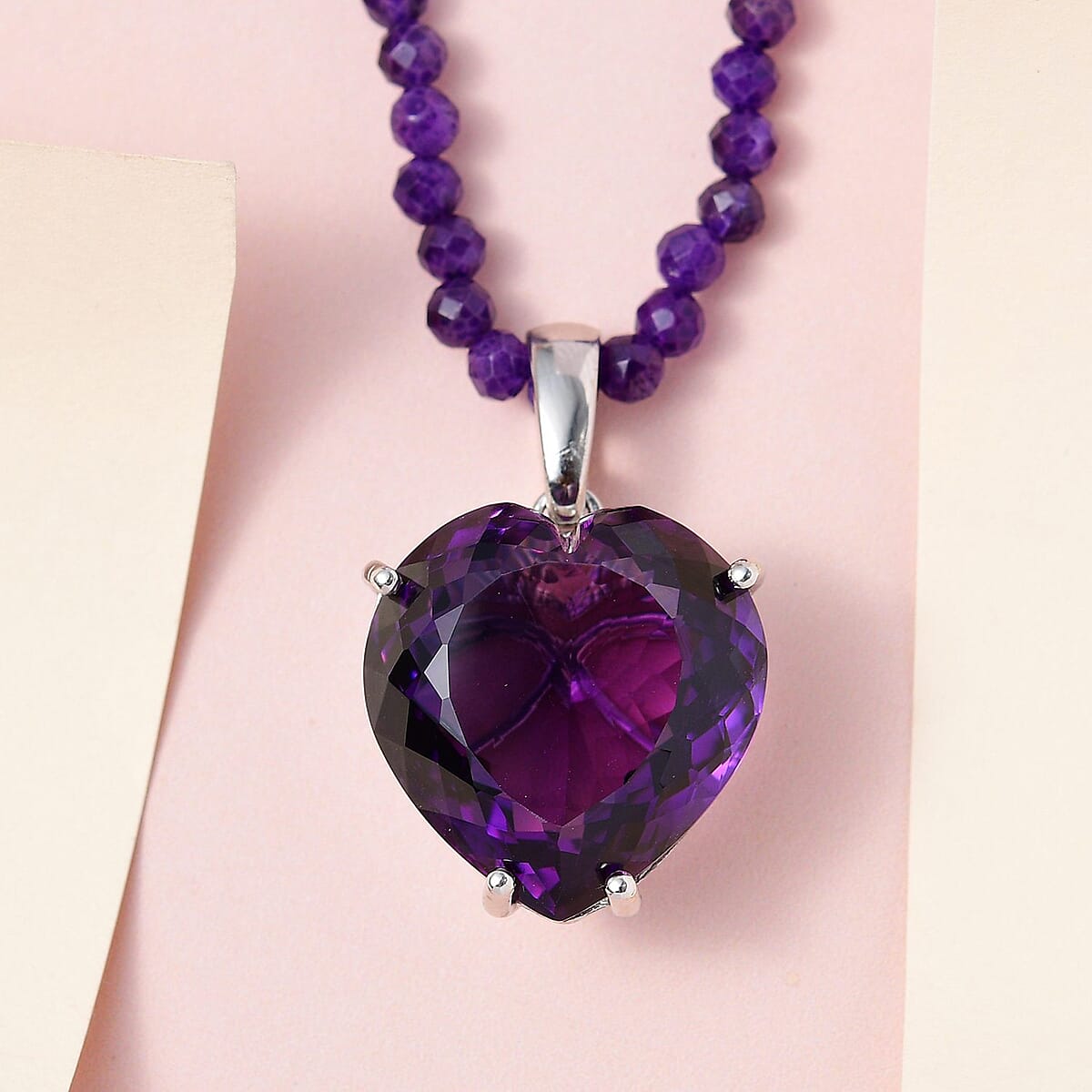 Buy Amethyst Heart Pendant with Beaded Necklace 20 Inches in Platinum ...