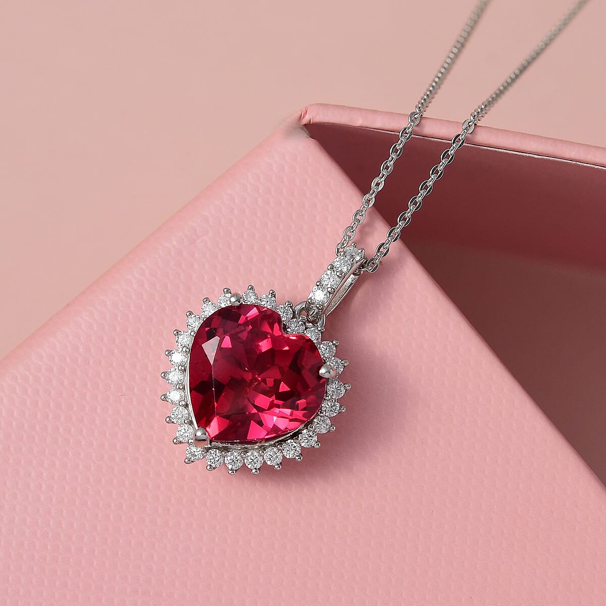 Buy Lab Created Padparadscha Sapphire and Moissanite Heart Pendant ...