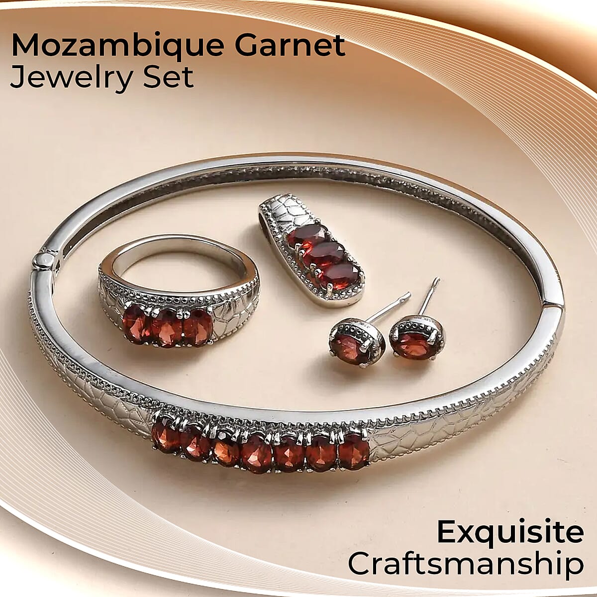 Buy Mozambique Garnet Jewelry Set of Bangle Bracelet, 3 Stone Ring ...