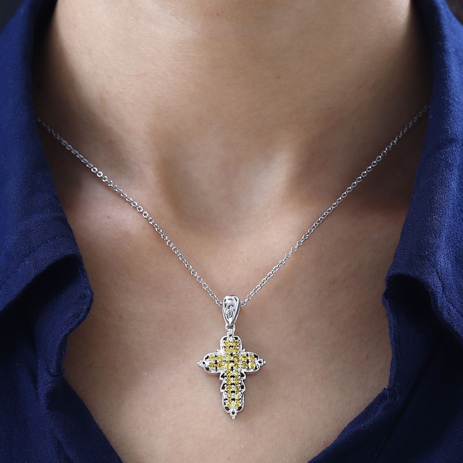 Buy Designer Premium Sunflower Austrian Crystal Cross Pendant in Platinum Over Copper with Stainless Steel Necklace 20 Inches at ShopLC