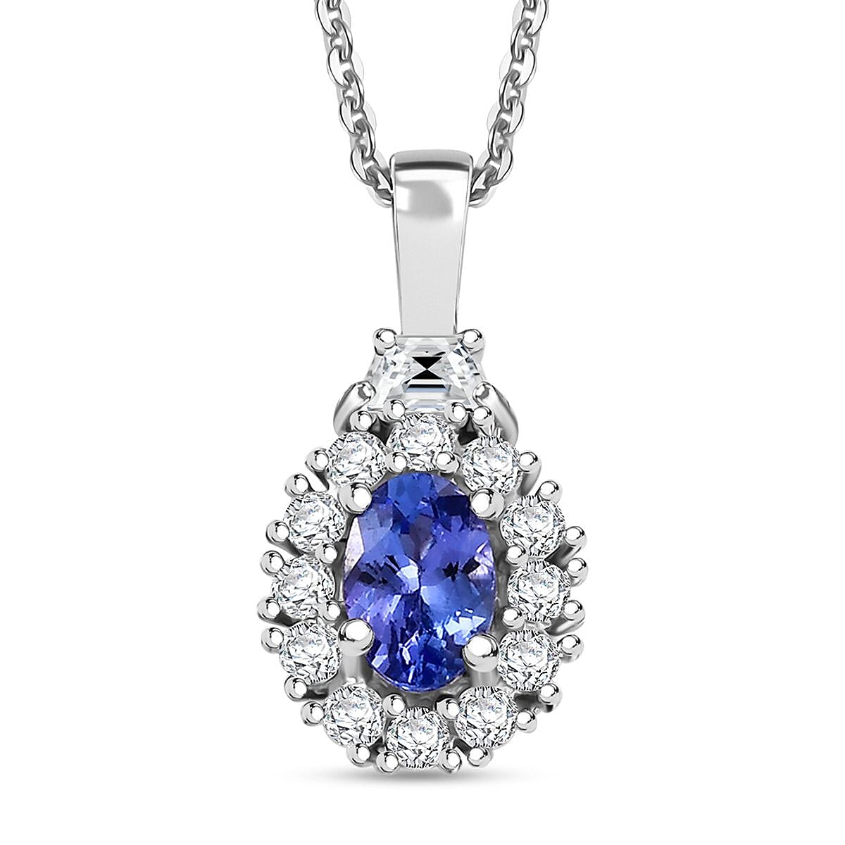 AAA Tanzanite and White Zircon 0.90 CTW Halo Pendant Necklace in Rhodium Over Sterling Silver 20 Inches Shop LC