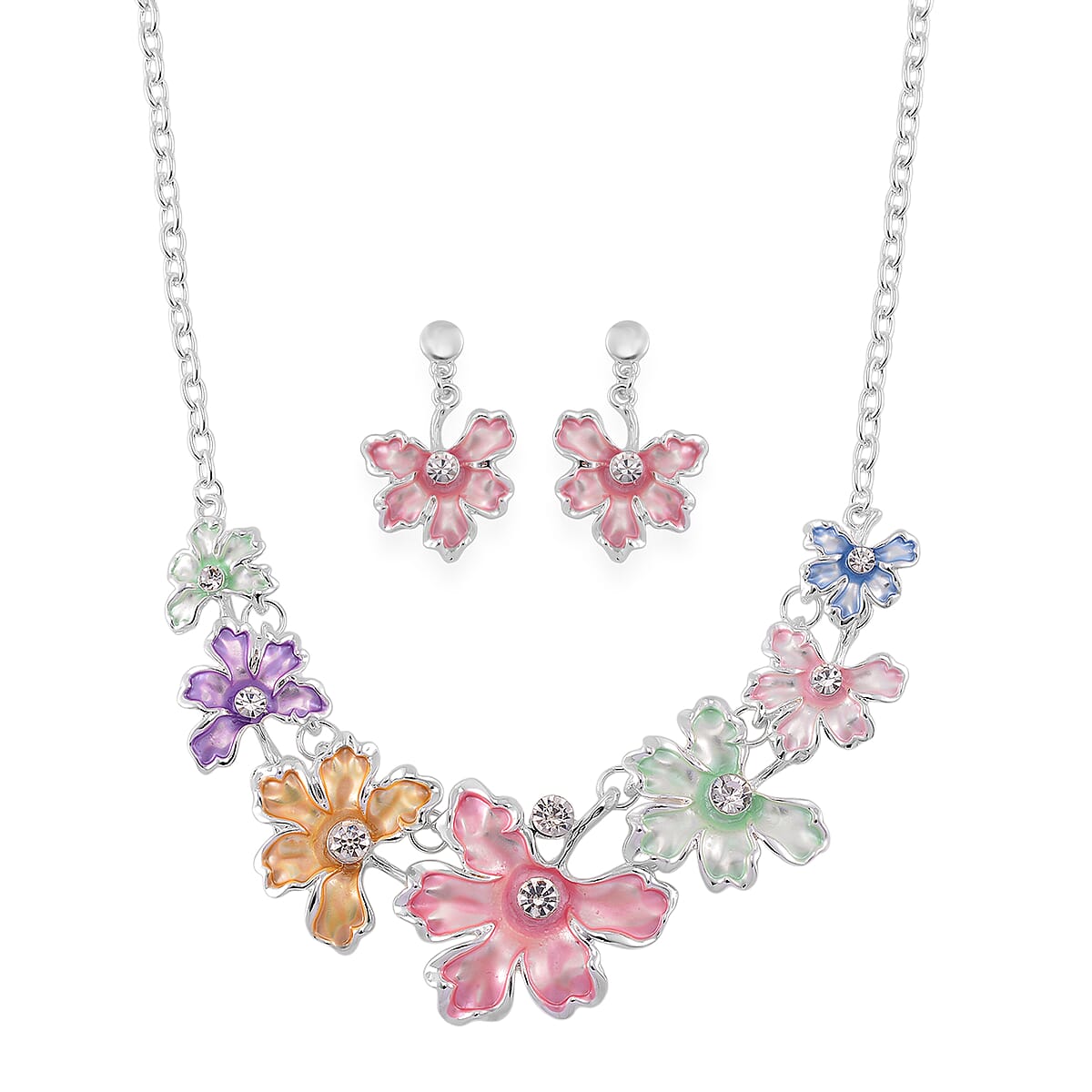 Buy Austrian Crystal and Multi Color Enameled Floral Necklace (20-22 Inches) and Earrings in ...