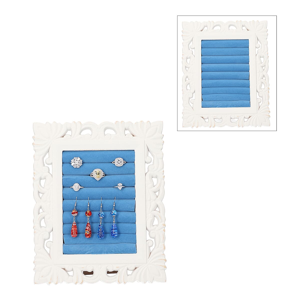 Buy Blue Velvet Antique Wooden Table Top Ring and Earrings Display ...