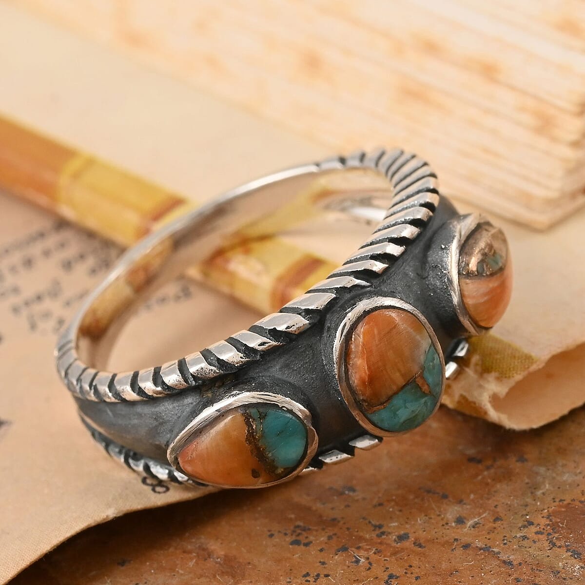 Buy Santa Fe Style Spiny Turquoise 3 Stone Ring in Sterling Silver ...