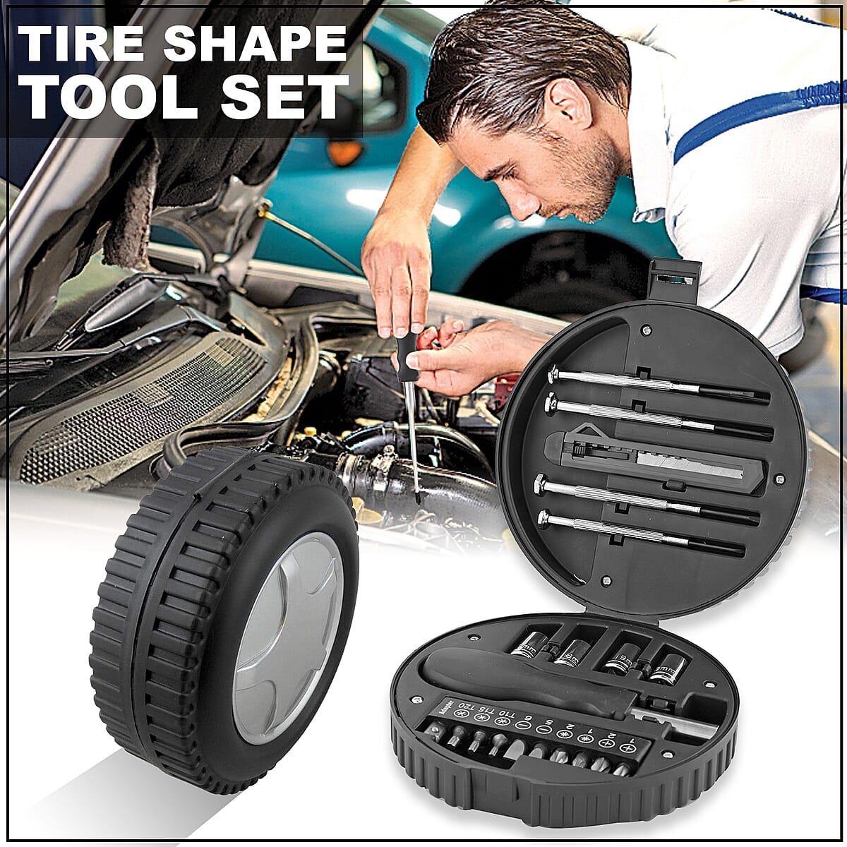Buy Tire Shape Tool Set (1 Screwdriver Handle, 9 Bits, 1 Socket Adapter ...