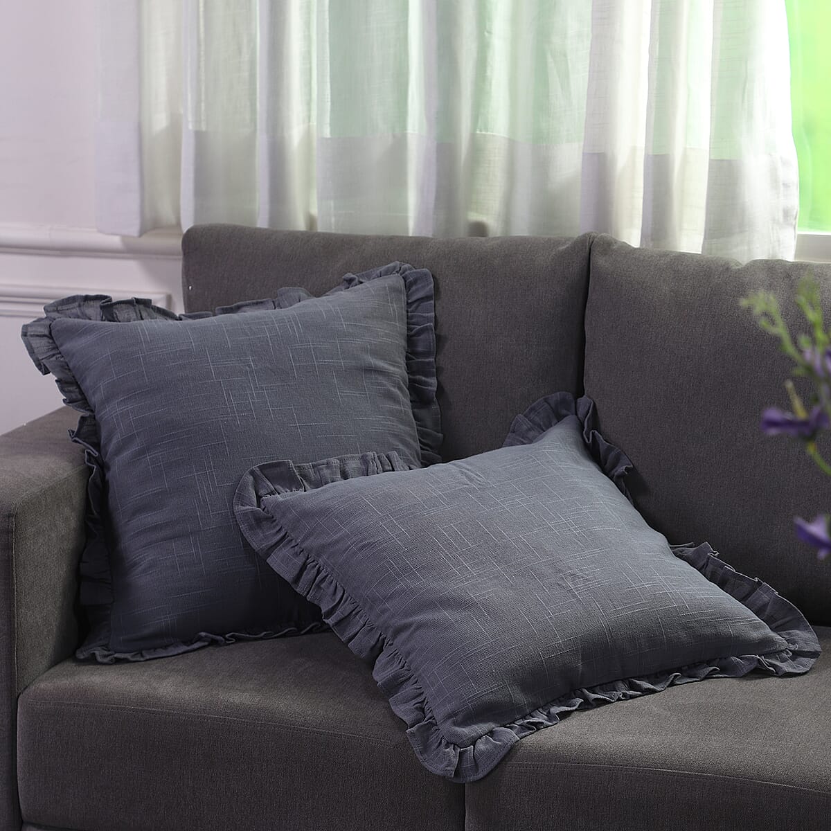 Buy Set of 2 Gray Cotton Linen Solid Cushion Cover with Ruffled Flange ...