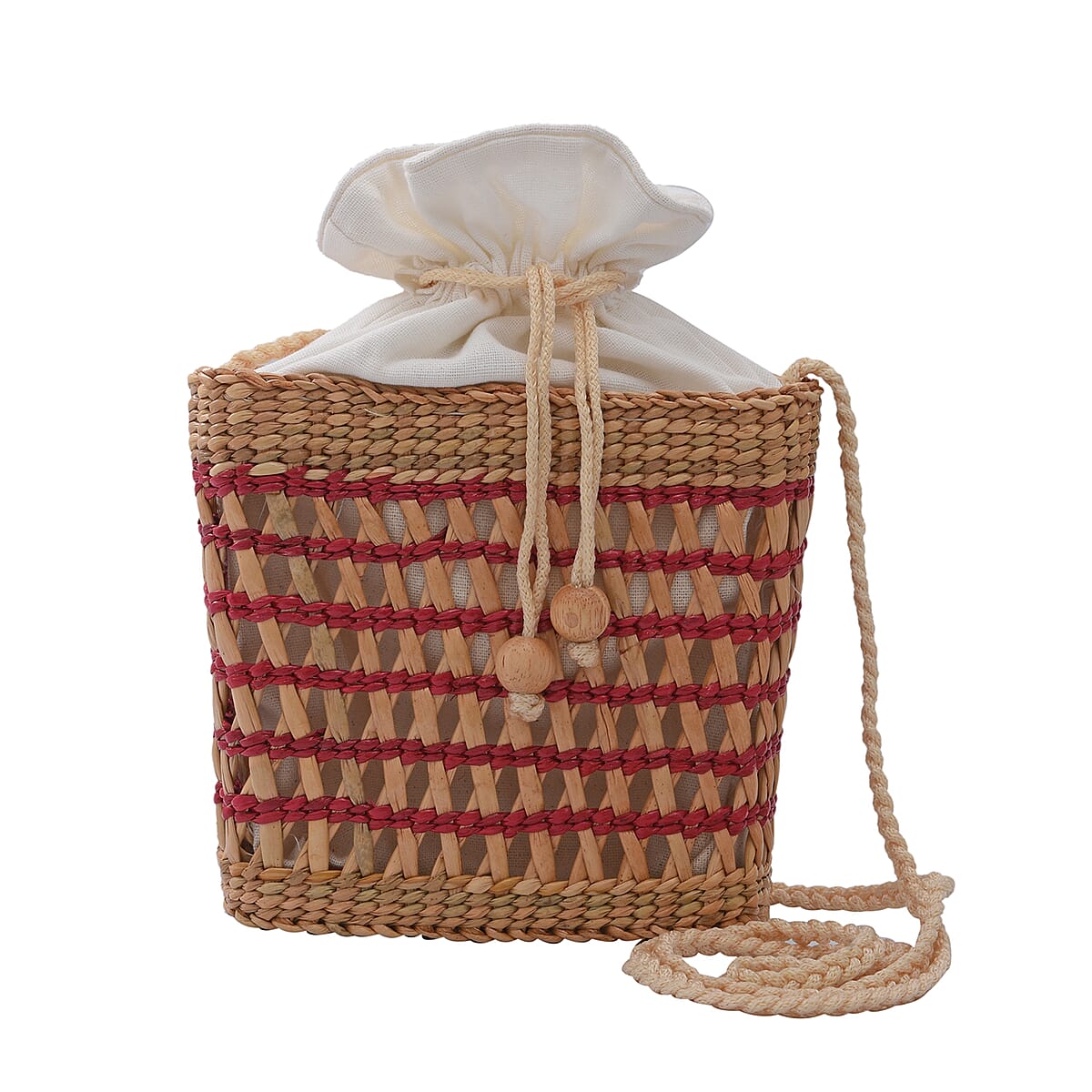 Buy Natural & Red Eco Friendly Reed Handwoven Shoulder Bag with Wooden ...