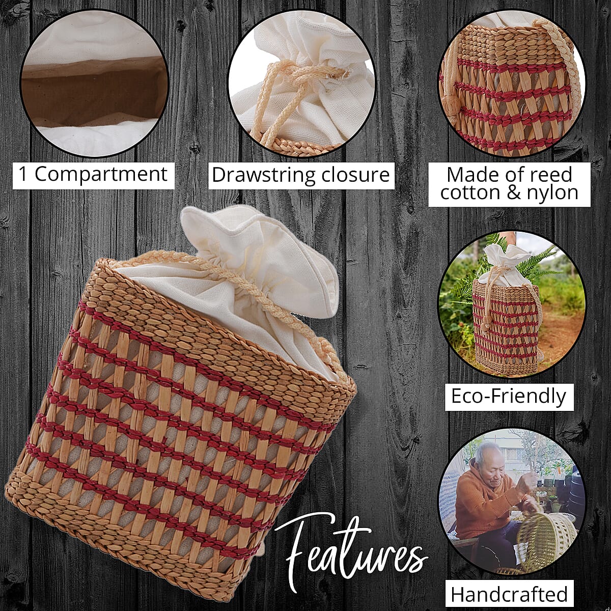 Buy Natural & Red Eco Friendly Reed Handwoven Shoulder Bag with Wooden ...