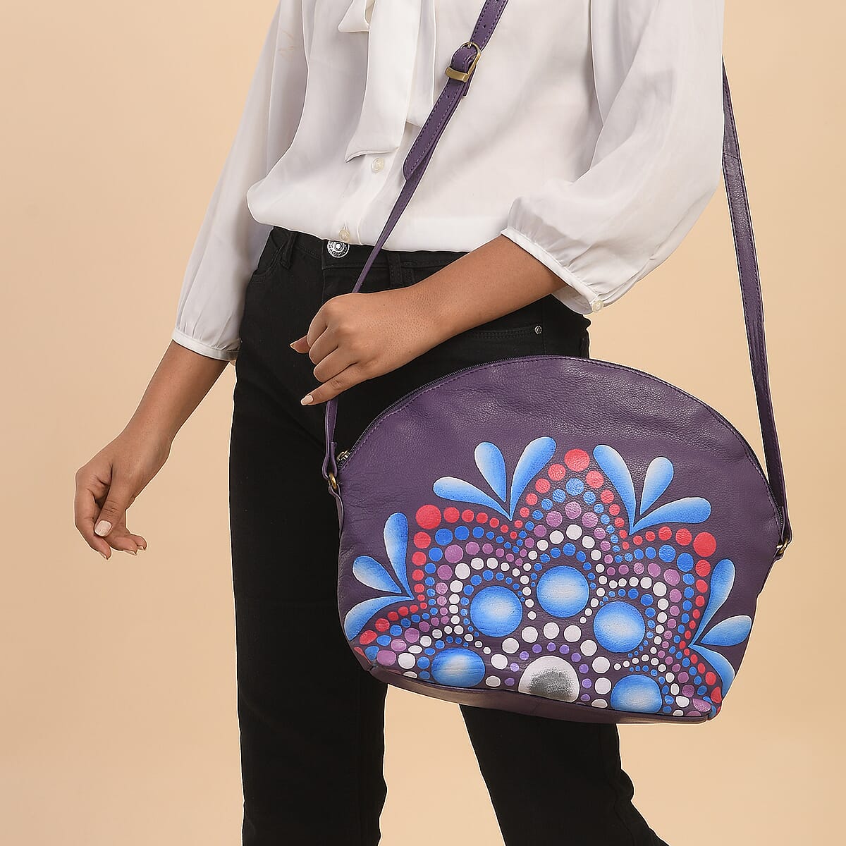 Buy SUKRITI Purple Mandala Hand Painted Genuine Leather Crossbody Bag ...