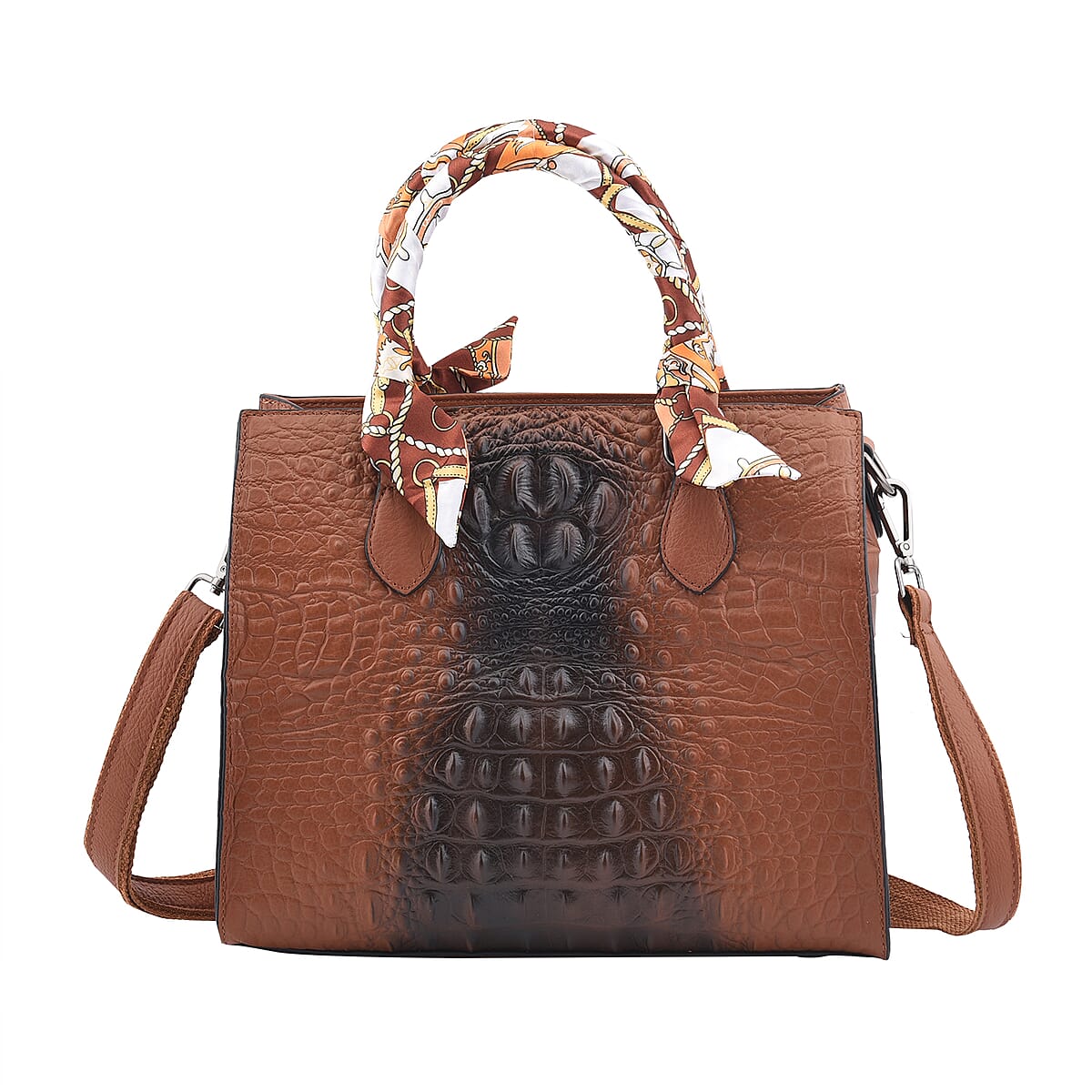Buy Brown Croco Embossed Genuine Leather Tote Bag with Handle Drop and ...