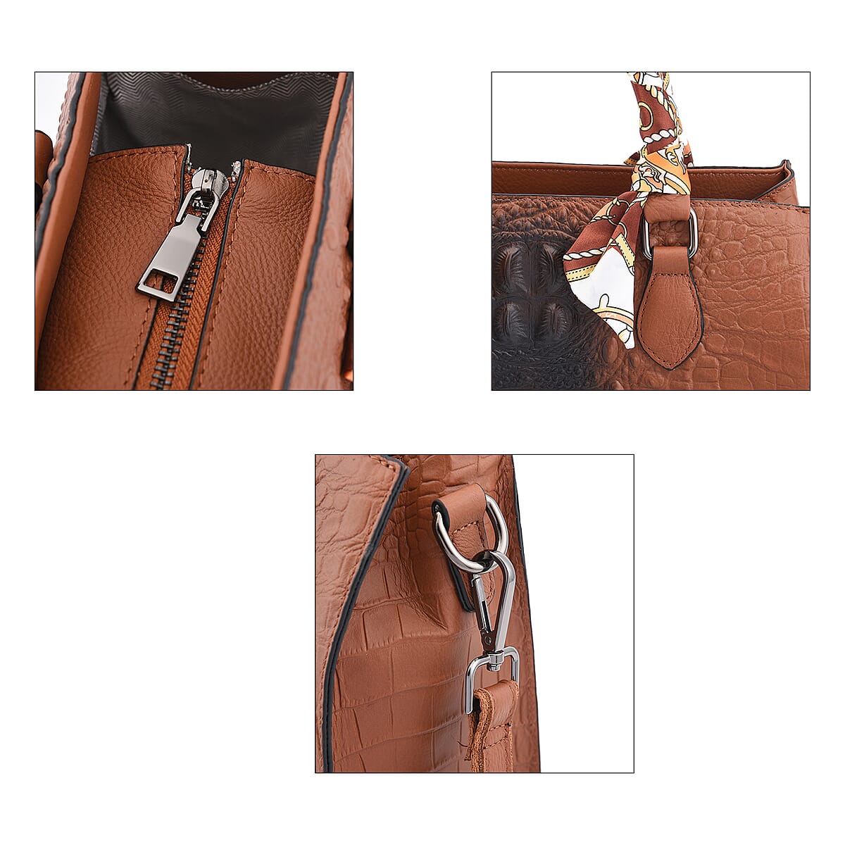 Buy Brown Croco Embossed Genuine Leather Tote Bag with Handle Drop and ...