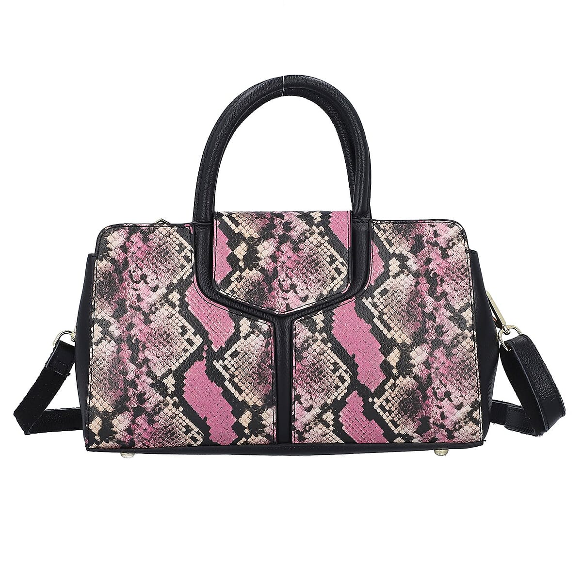 Buy Black and Pink Snake Print Genuine Leather Convertible Tote Bag ...