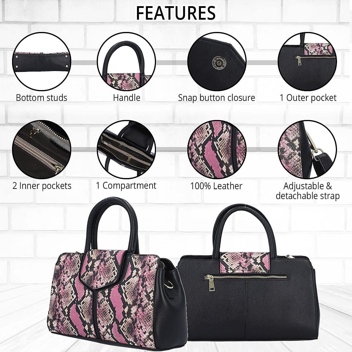 Buy Black and Pink Snake Print Genuine Leather Convertible Tote Bag ...