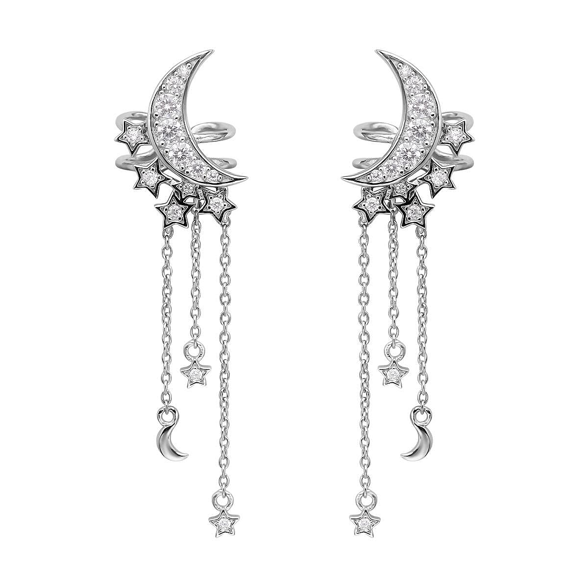 Buy Simulated Diamond Star & Moon Ear Cuffs in Rhodium Over Sterling ...