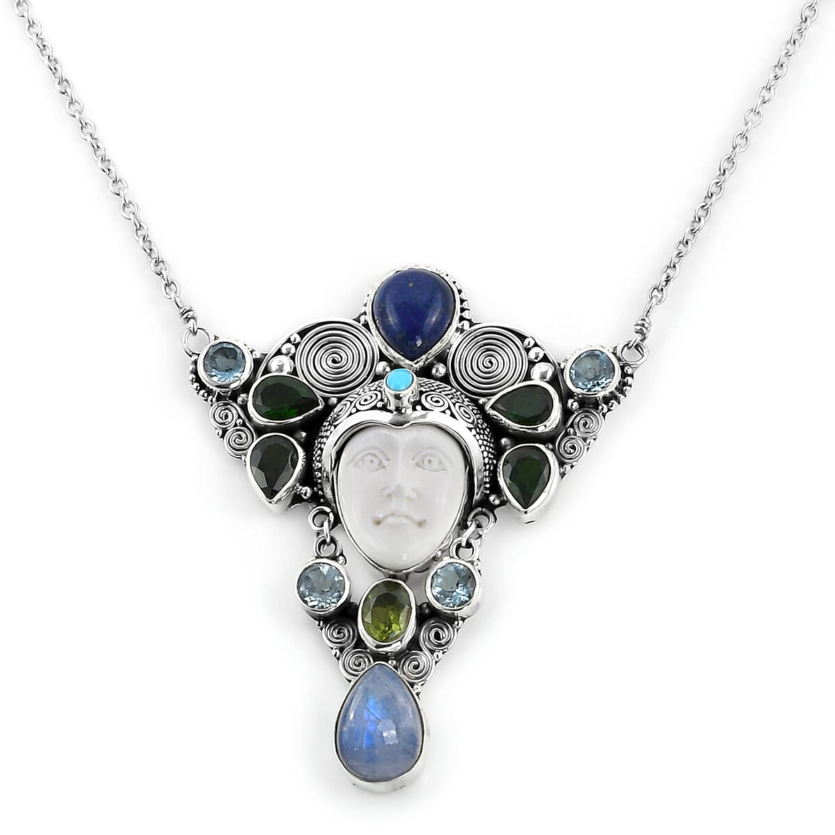 Buy Bali Goddess Carved Bone and Multi Gemstone Necklace 20 Inches in ...