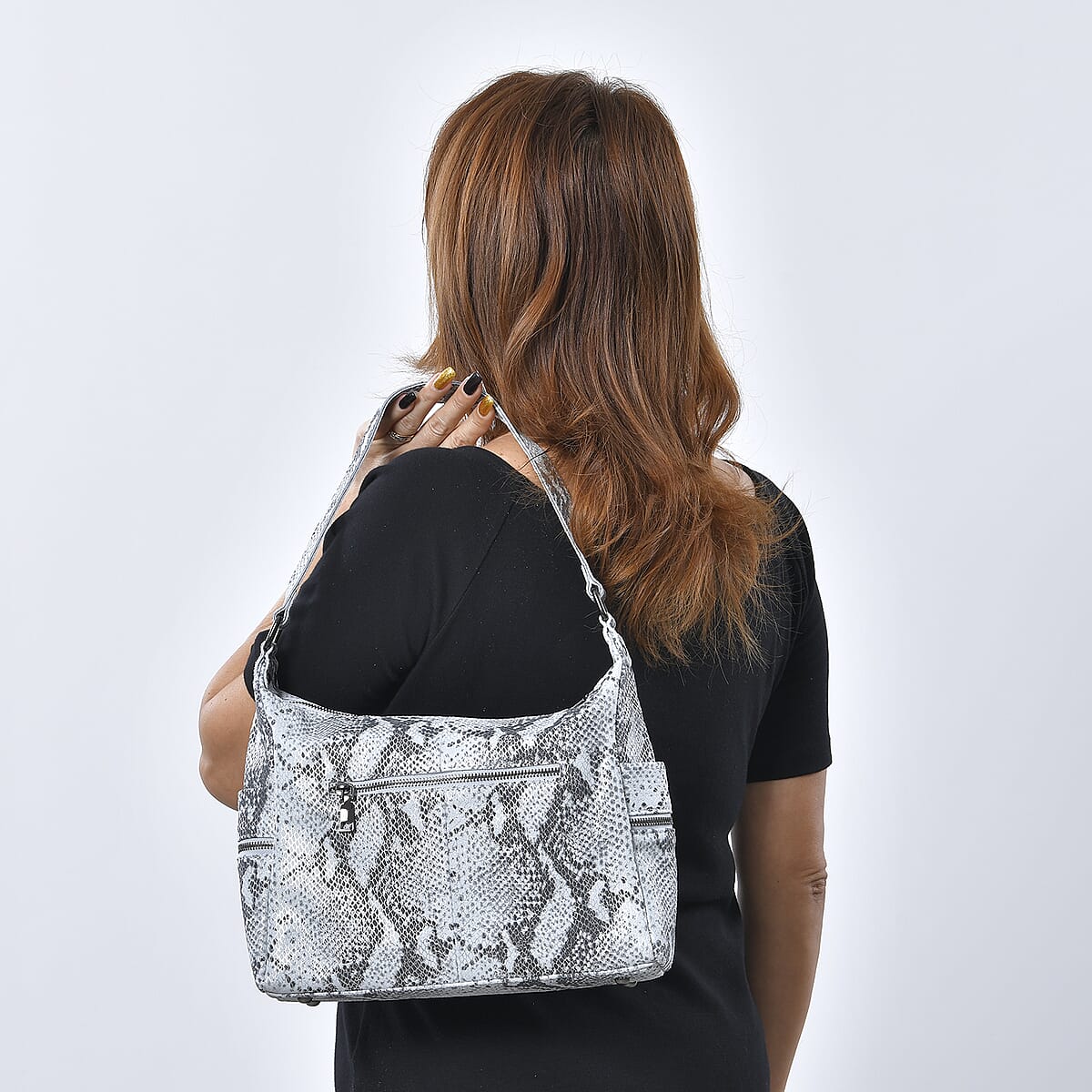 Buy Silver and Black Python Embossed Print Genuine Leather Hobo Bag ...