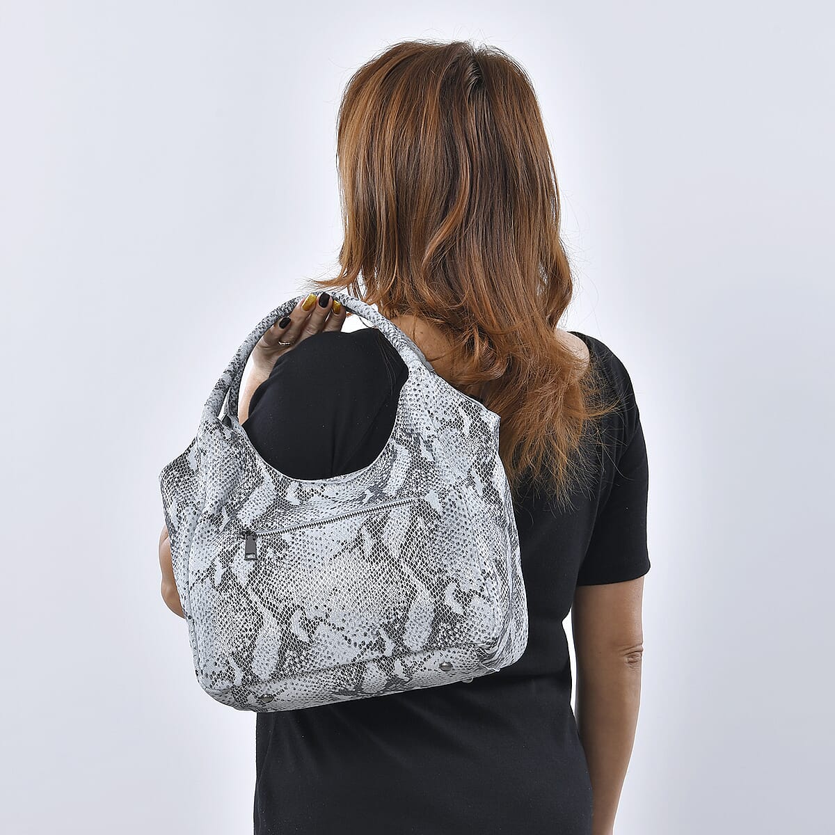Buy Silver and Black Python Embossed Print Genuine Leather Hobo Bag ...