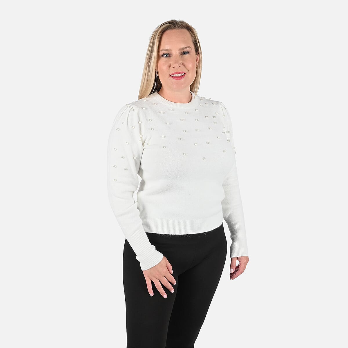 Buy Tamsy Cream Cropped Sweater with Pearl Detail - S at ShopLC.