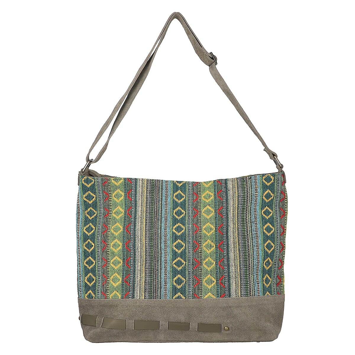 Buy Green Jacquard Print Shoulder Bag with Adjustable Leather Shoulder ...