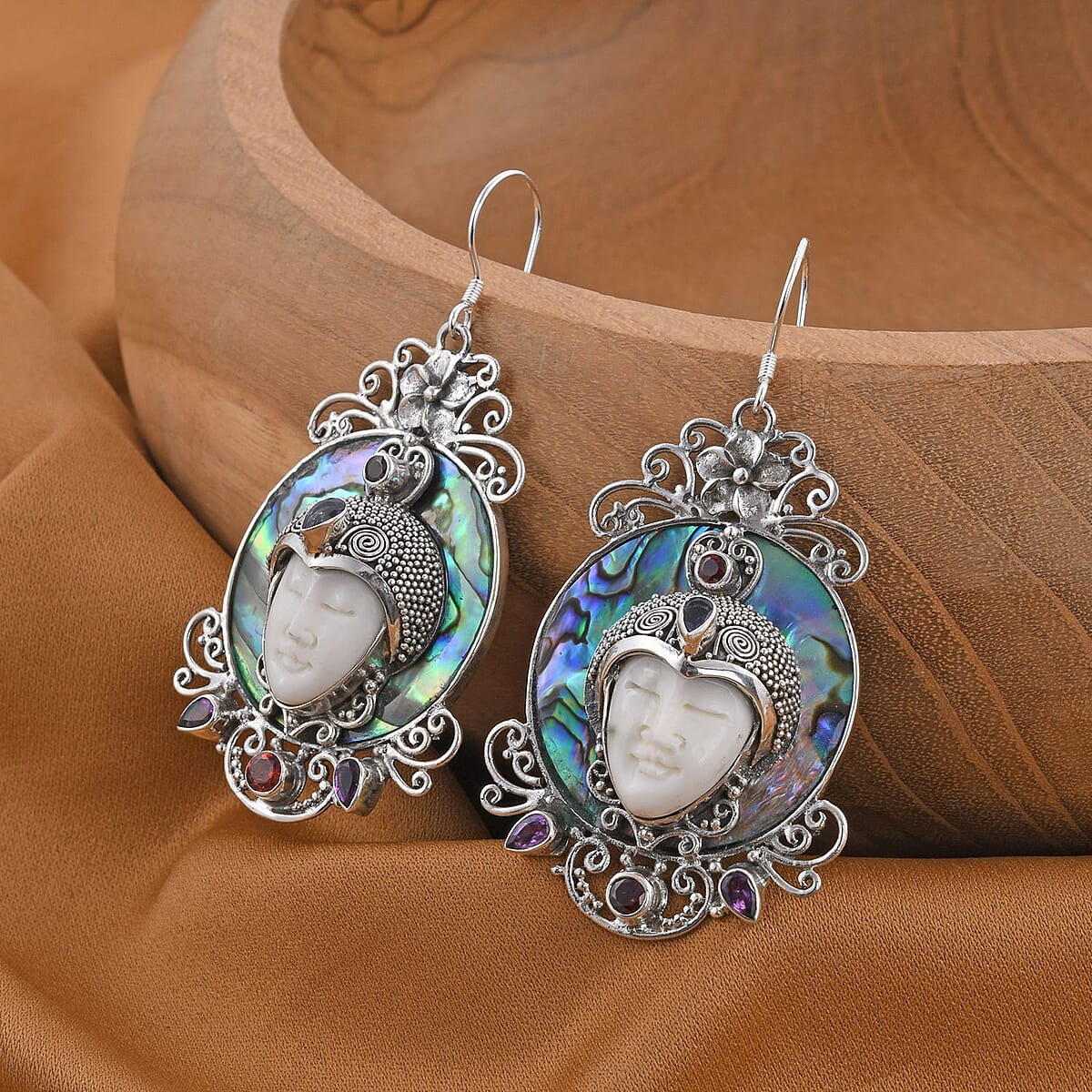 Buy Bali Goddess Carved Bone and Multi Gemstone Earrings in Sterling ...