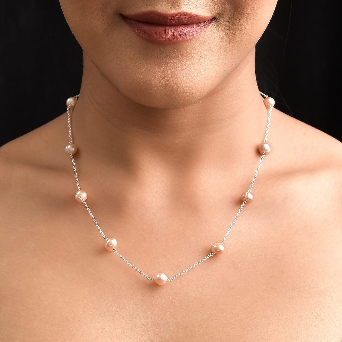Buy Pink Freshwater Pearl Station Necklace 18 Inches in Sterling Silver ...