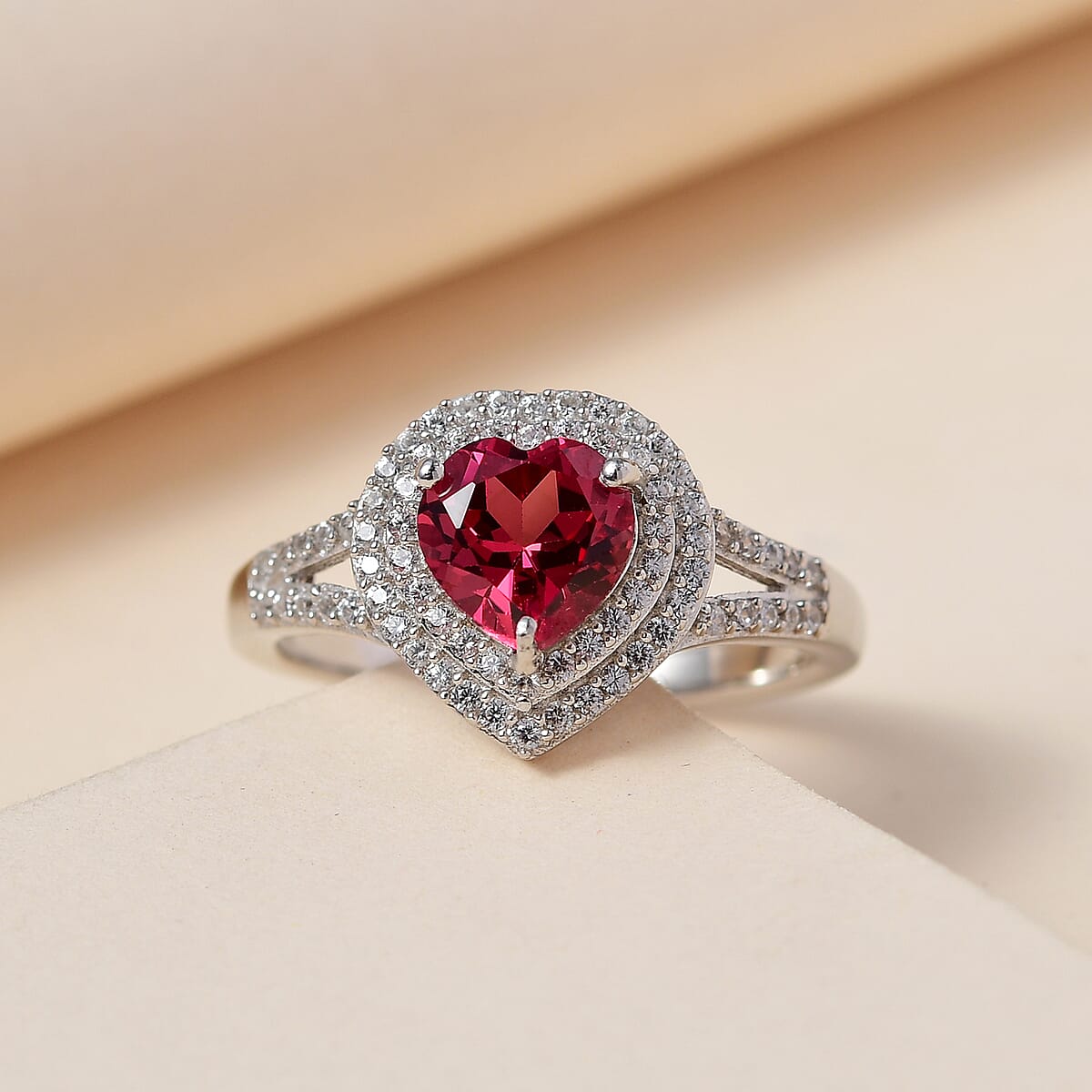 Buy Lab Created Padparadscha Sapphire and White Zircon Heart Double ...