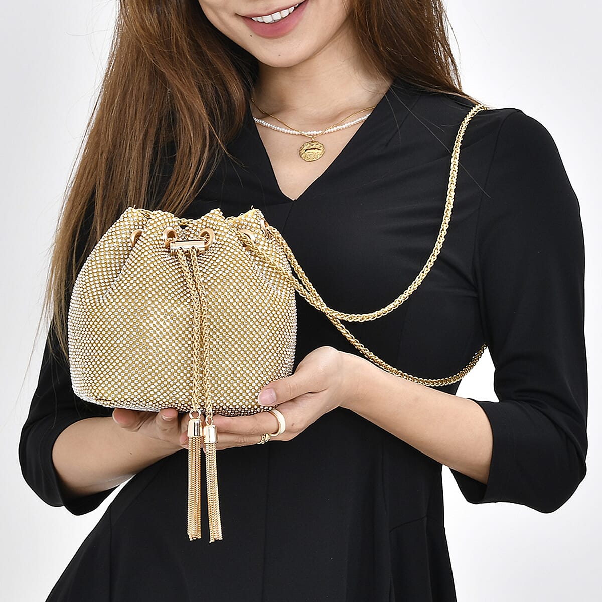 Buy Gold Crystal, with Tassel lock, Bucket Bag with a long Strap at ShopLC.