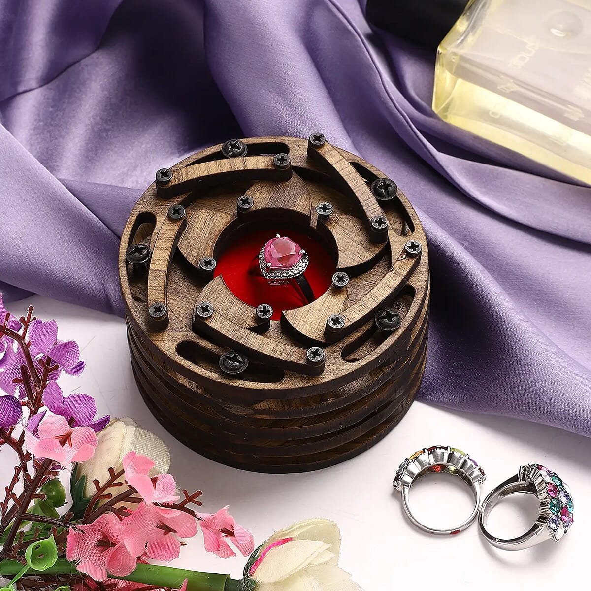 Buy Handcrafted Dark Brown Rotating Wooden Ring Box at ShopLC.