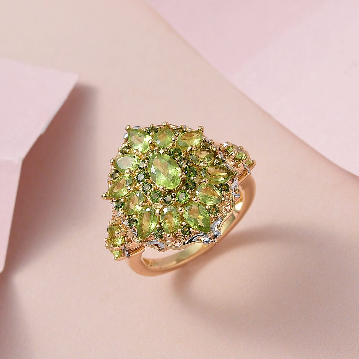 Buy Italian Natural Vesuvianite and Natural Chrome Diopside Floral Ring ...