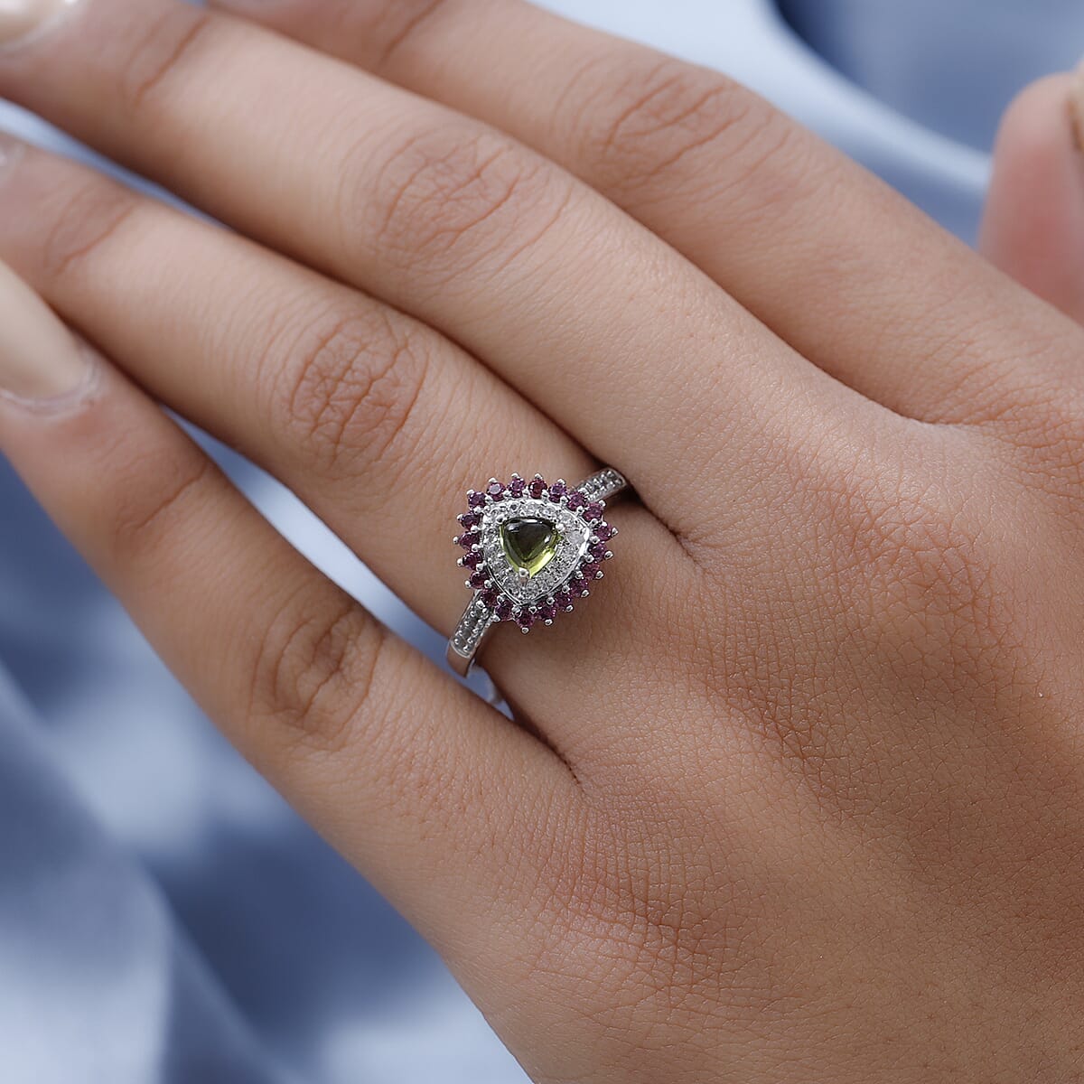 Buy Premium Italian Vesuvianite and Multi Gemstone Double Halo Ring in ...