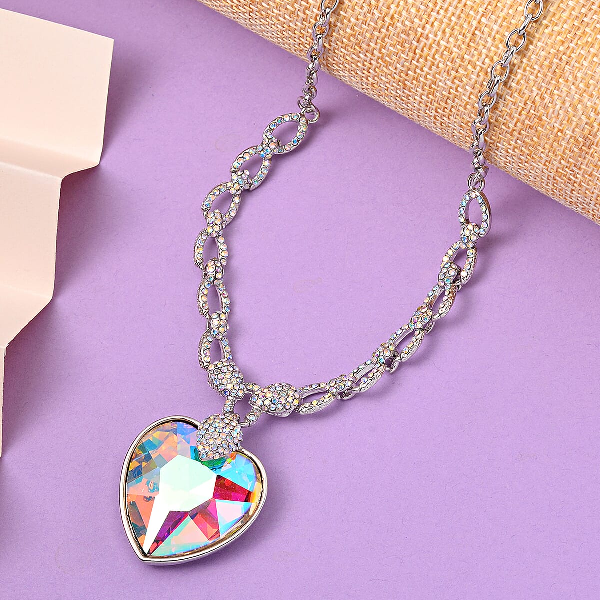 Buy Simulated Aurora Borealis, Mystic White Austrian Crystal Heart Necklace in Silvertone 20-22 ...