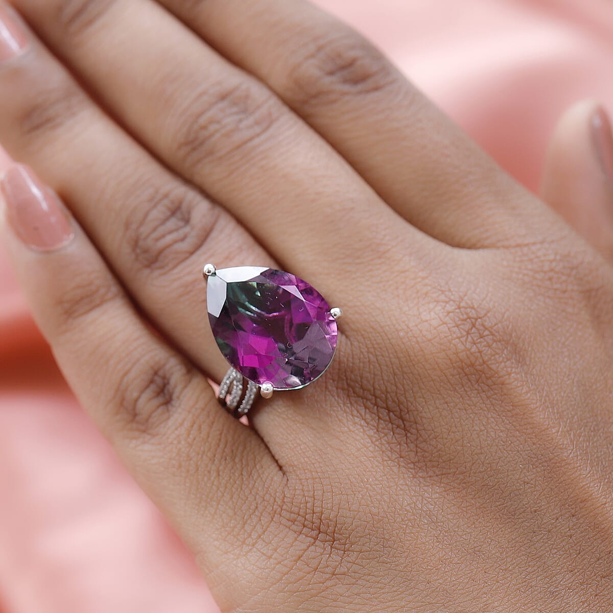 Buy Watermelon Quartz (Triplet) and White Zircon Ring in Platinum Over ...