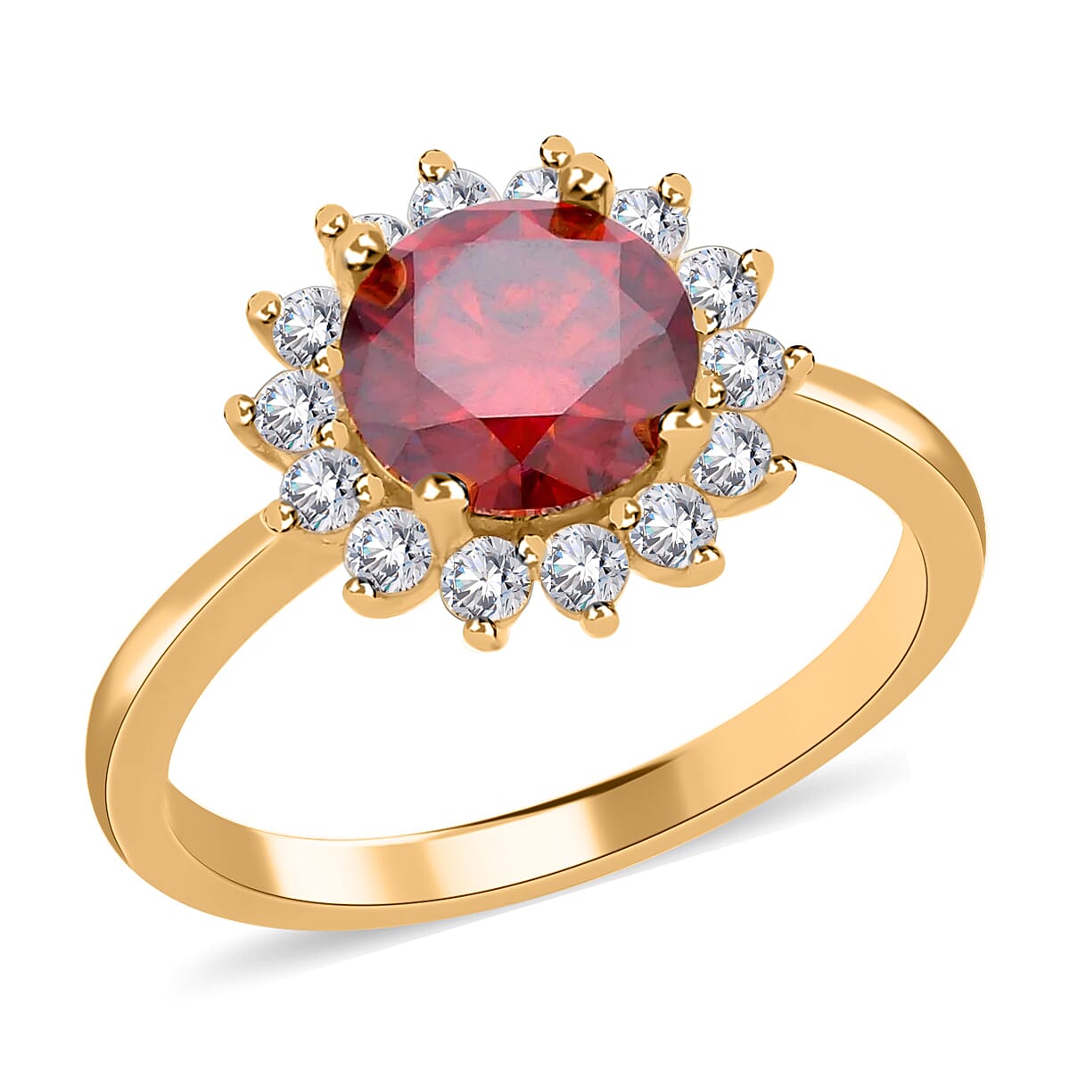 Buy Luxury Red Moissanite (Rnd 8mm) Sunburst Ring in Vermeil YG Over ...