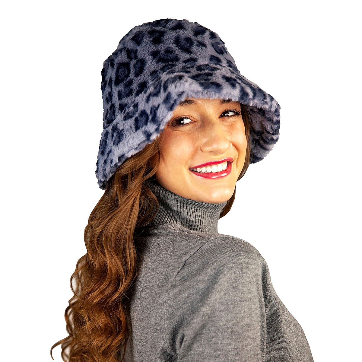 Buy Blue Leopard Print Faux Fur Fuzzy Bucket Hat at ShopLC.