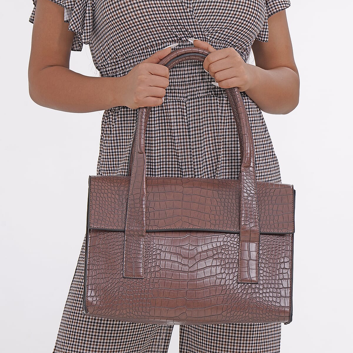 Buy Brown Croc Embossed Faux Leather Tote Bag at ShopLC.