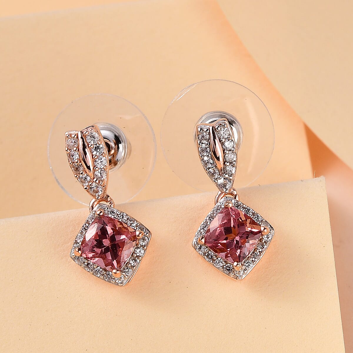 Buy Red Rose Apatite and White Zircon Earrings in Vermeil Rose Gold ...