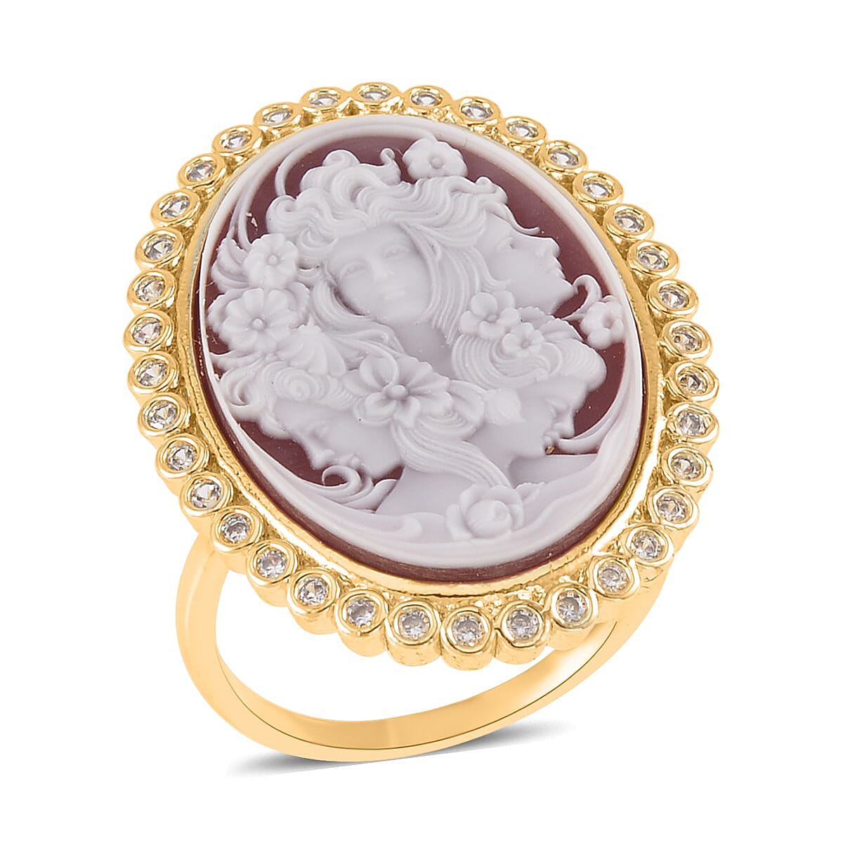 Buy Red Cameo and Simulated Diamond Ring in Goldtone (Size 7.0) 3.20 ...
